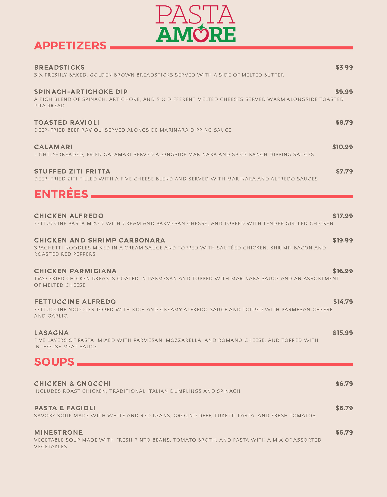 Menu | Family Style Dining | Pasta Amore Italian Resturant